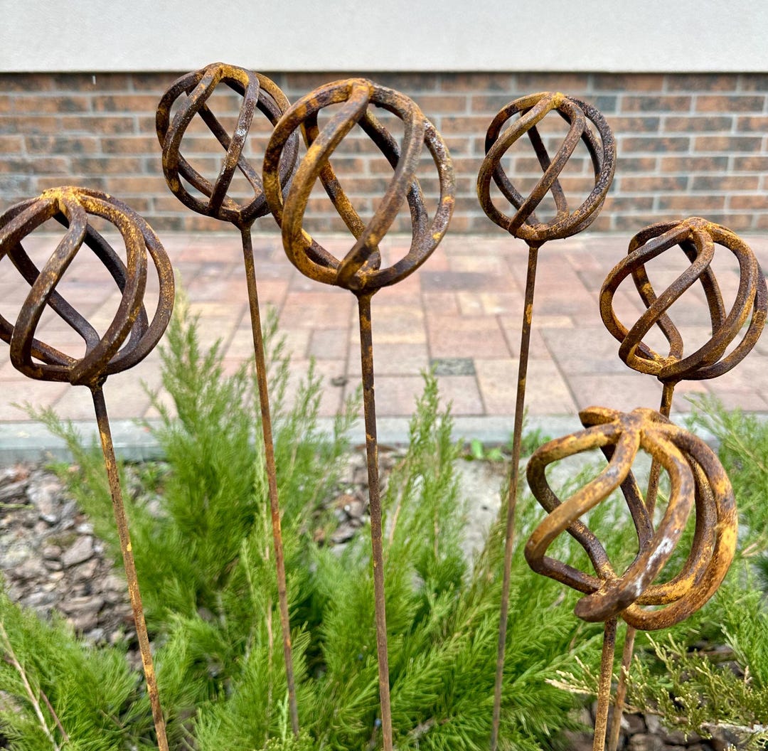 Garden Stakes, Rusty Finials Set of 6, Metal Garden Decor, Metal Yard ...