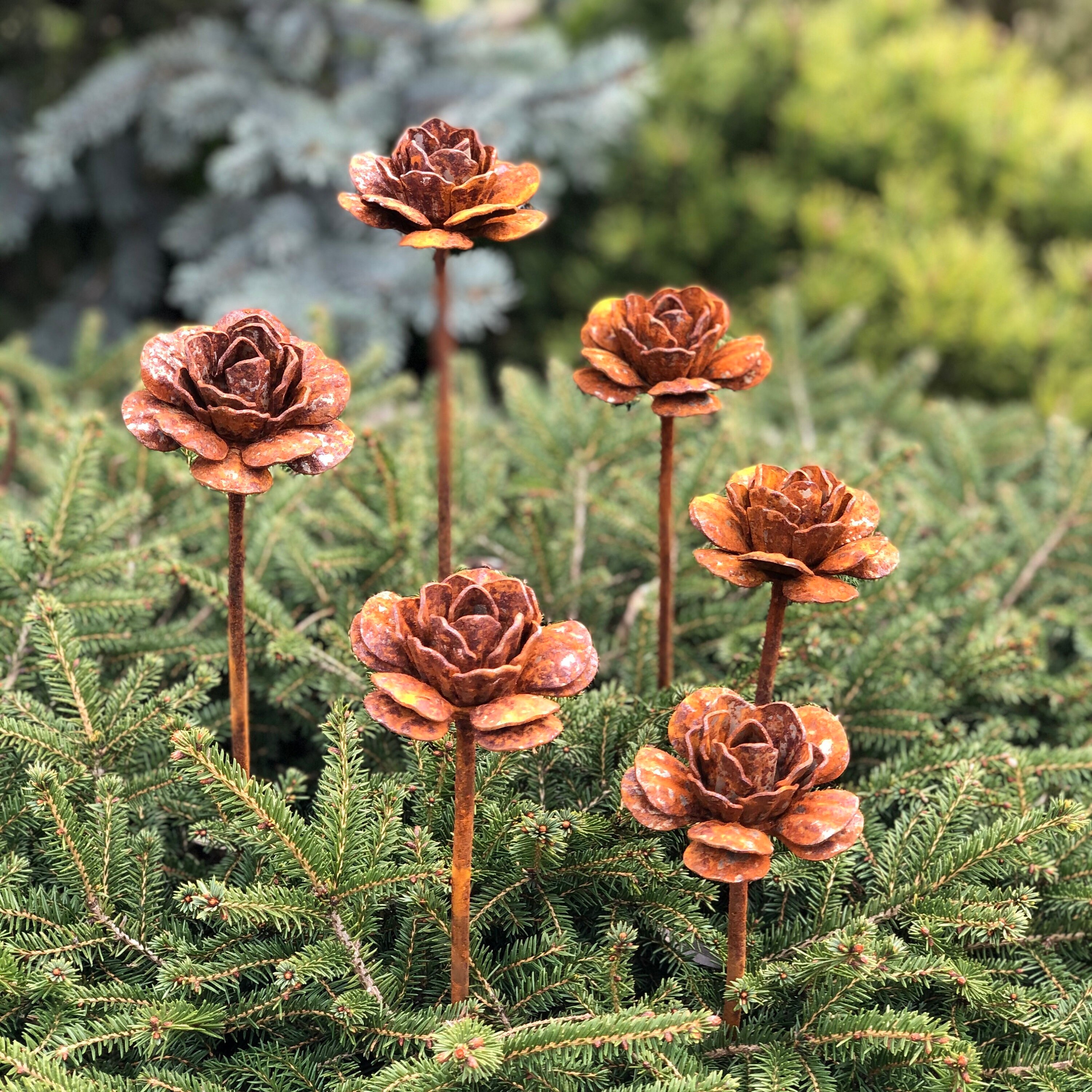 Rusty Flowers Set of 6 Garden Stakes Garden Decor Metal - Etsy