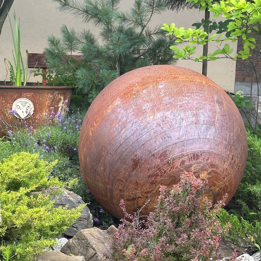 Large 35” Rusty Metal Sphere Sculpture: Rustic Zen Garden Art - Etsy