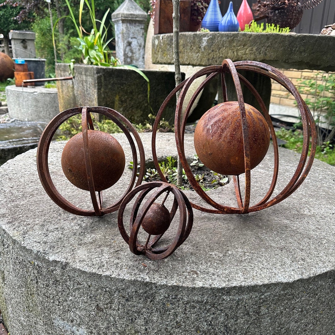 Rustic Metal Garden Globes Set of 3 – Weathered Steel Spheres, Rustic ...
