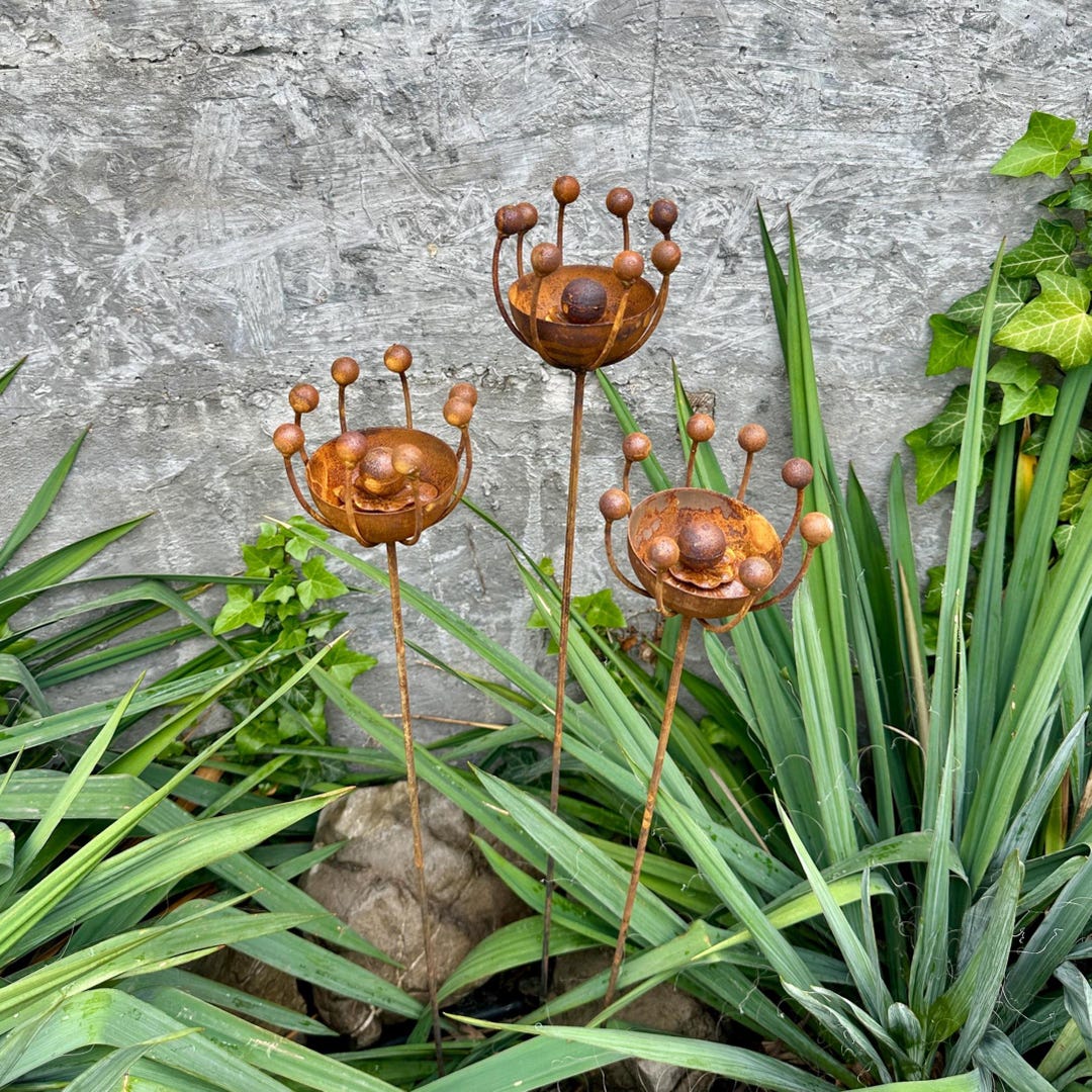 Rustic Metal Exotic Flowers Set of 3, Handmade Garden Decor, Outdoor ...