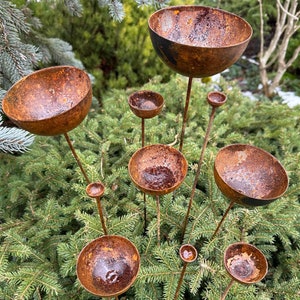 Rusty Flower Buds Set of 10, Garden Stakes Garden Decor, Metal Garden ...