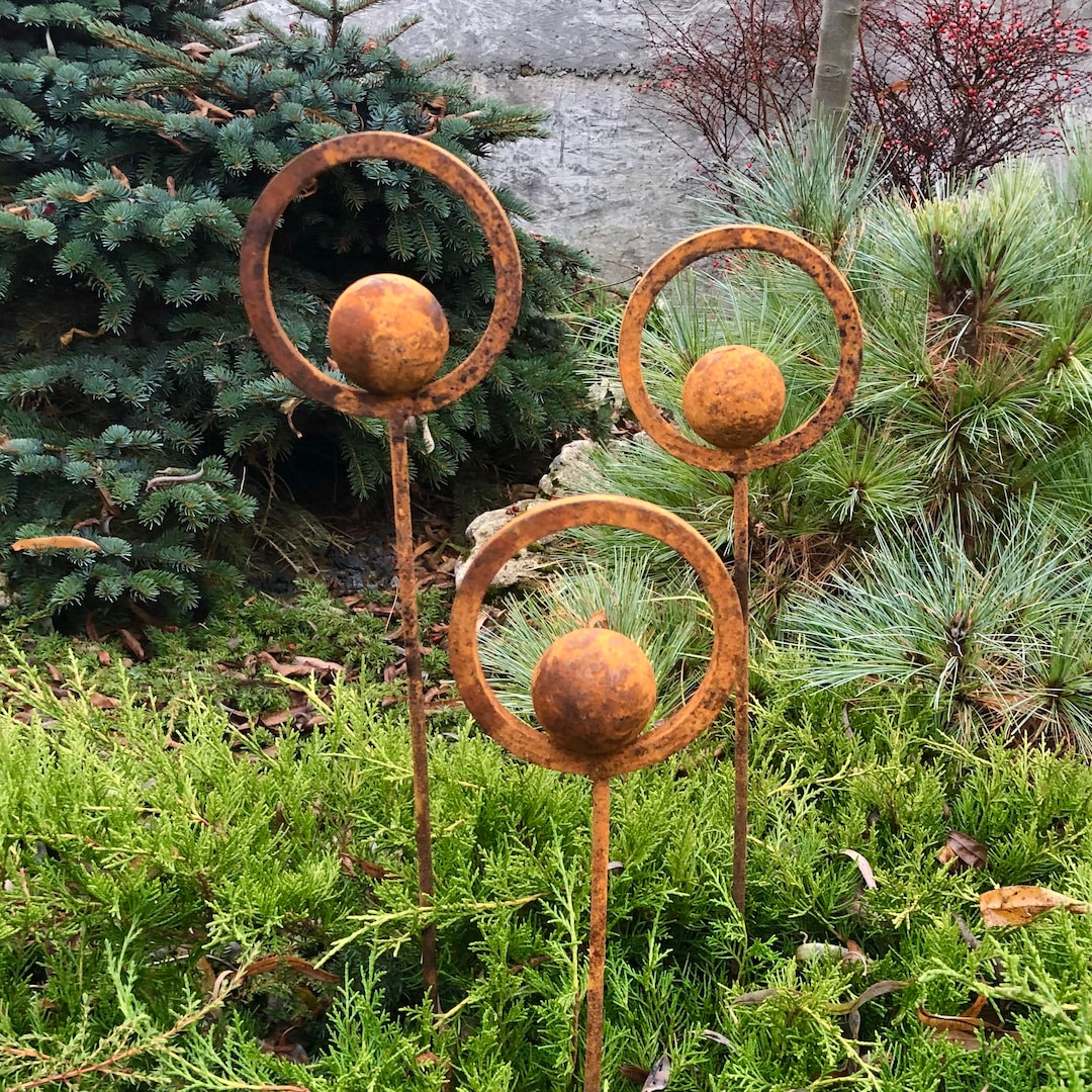 Rusty Finials Set of 3, Garden Stakes Garden Decor, Metal Garden Decor ...