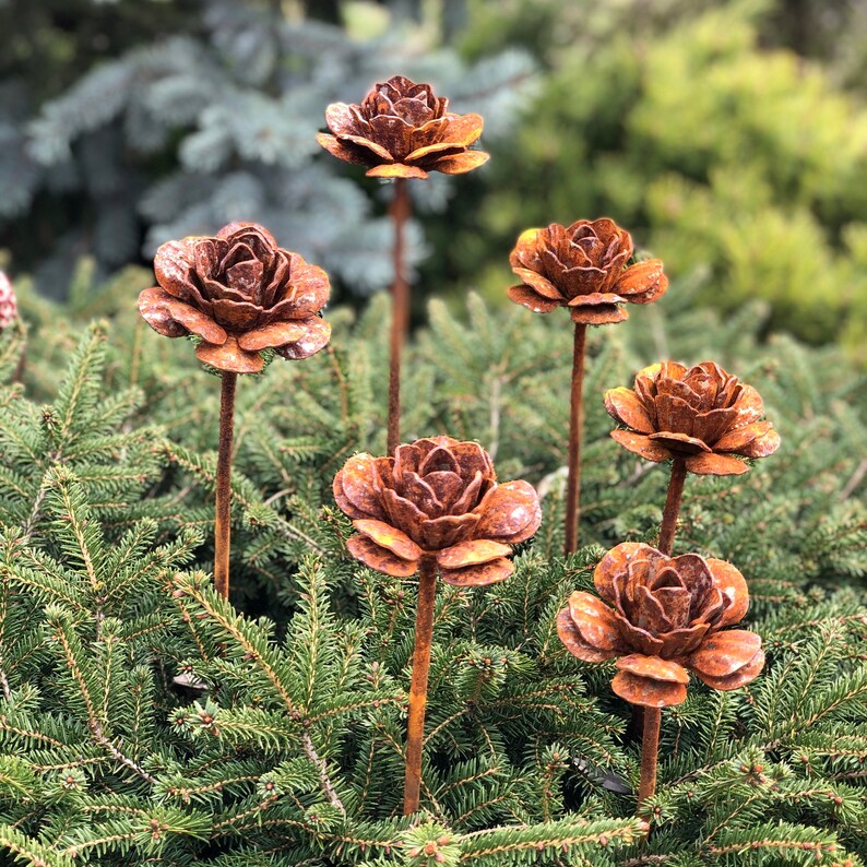Rusty Flowers Set of 6 Garden Stakes Garden Decor Metal | Etsy