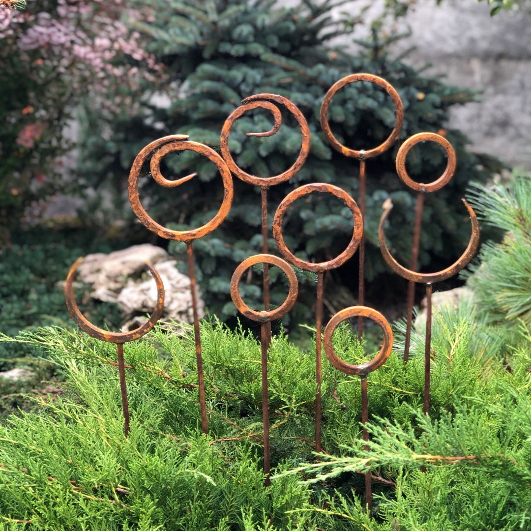 Rusty Finials Set of 9, Garden Stakes, Metal Garden Decor, Metal Yard ...