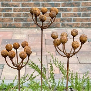 Set of 3 Rustic Metal Garden Finials, Rusty Exotic Flowers, Metal ...
