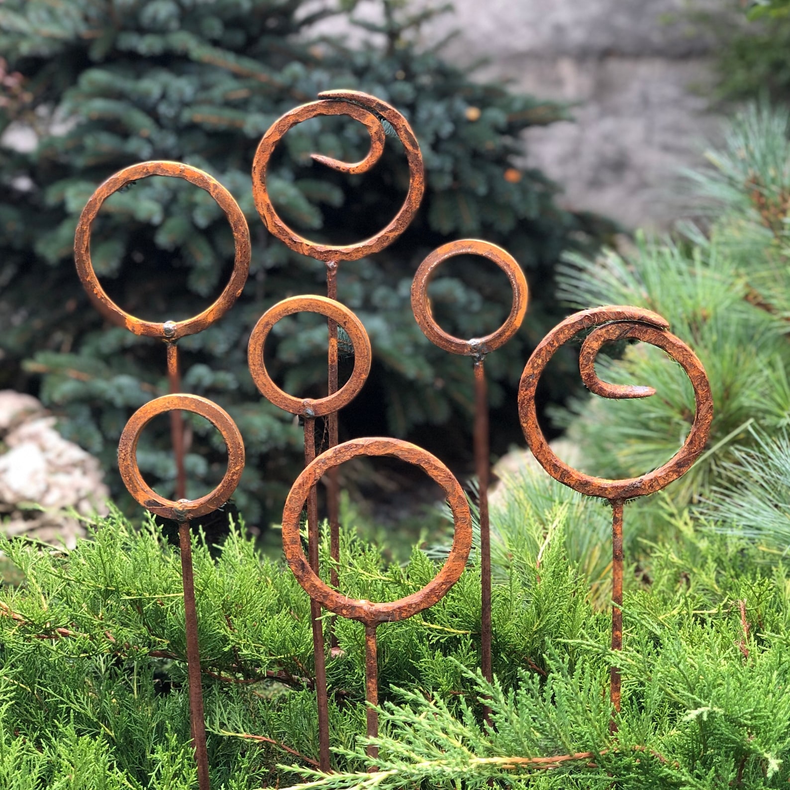 Rusty Finials Set of 7, Garden Stakes, Metal Garden Decor, Metal Yard ...