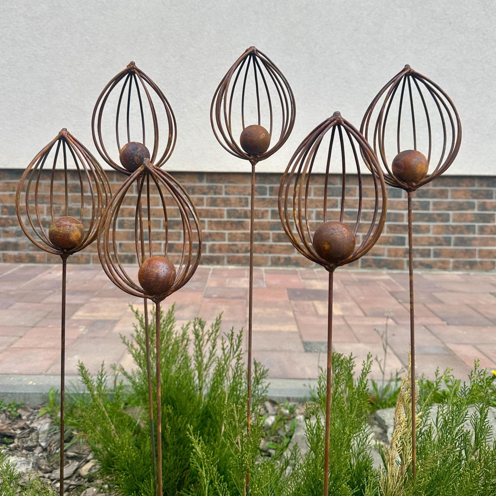 Rusty Finials Set of 6, Rustic Metal Garden Stakes, Outdoor Yard Art ...
