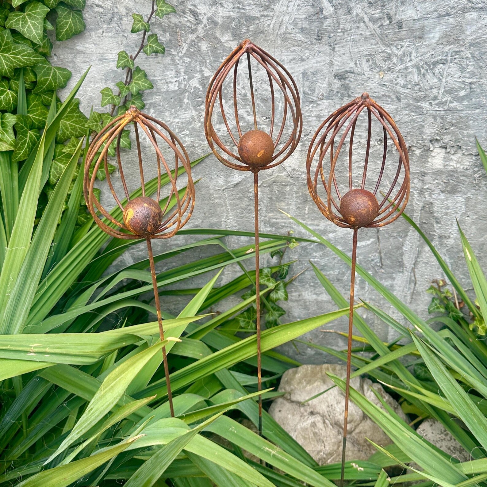 Rusty Finials Set of 3, Rustic Metal Garden Stakes, Outdoor Yard Art ...