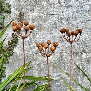 Set of 3 Rustic Metal Garden Finials, Rusty Exotic Flowers, Metal ...