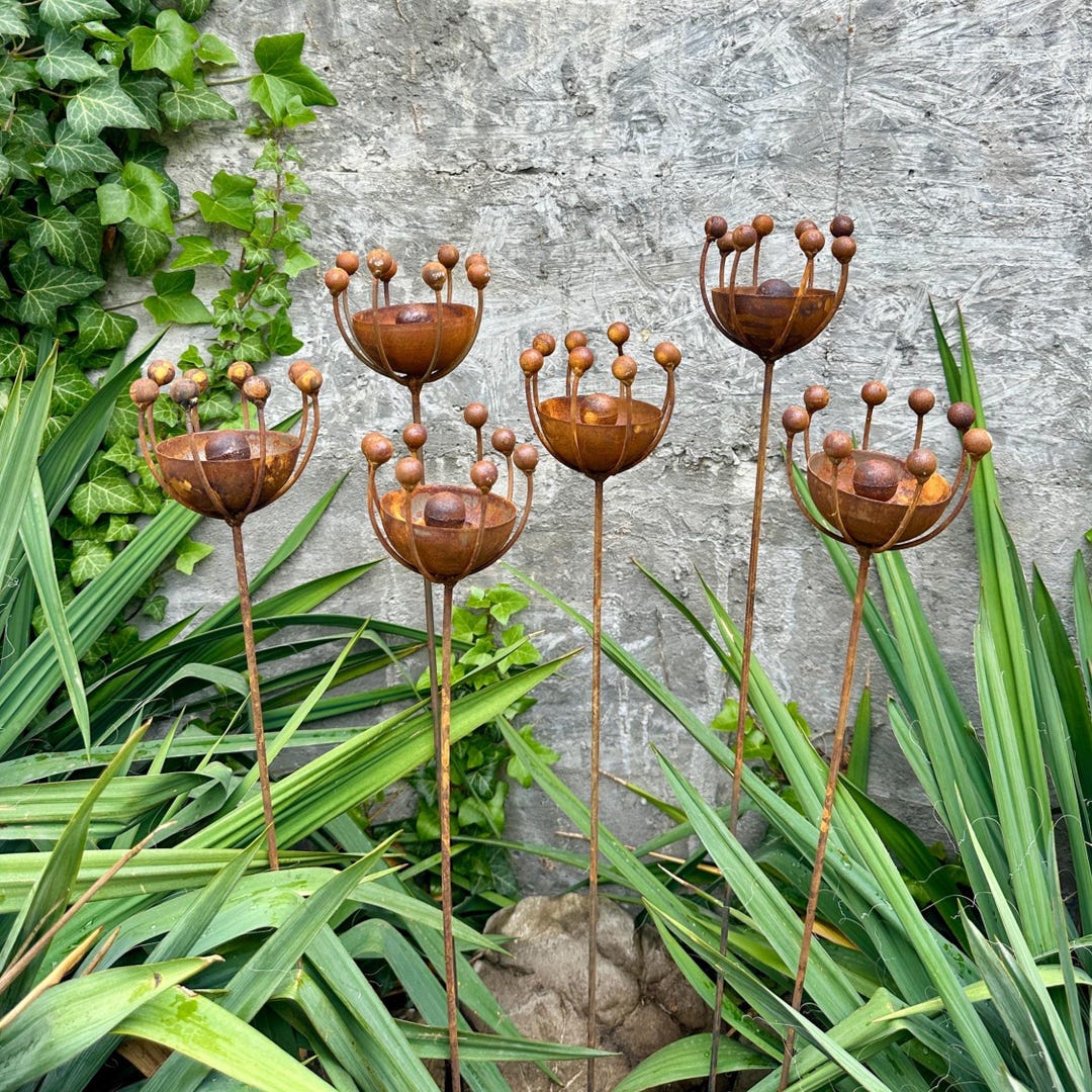 Rustic Metal Exotic Flowers Set of 6, Handmade Garden Decor, Outdoor ...
