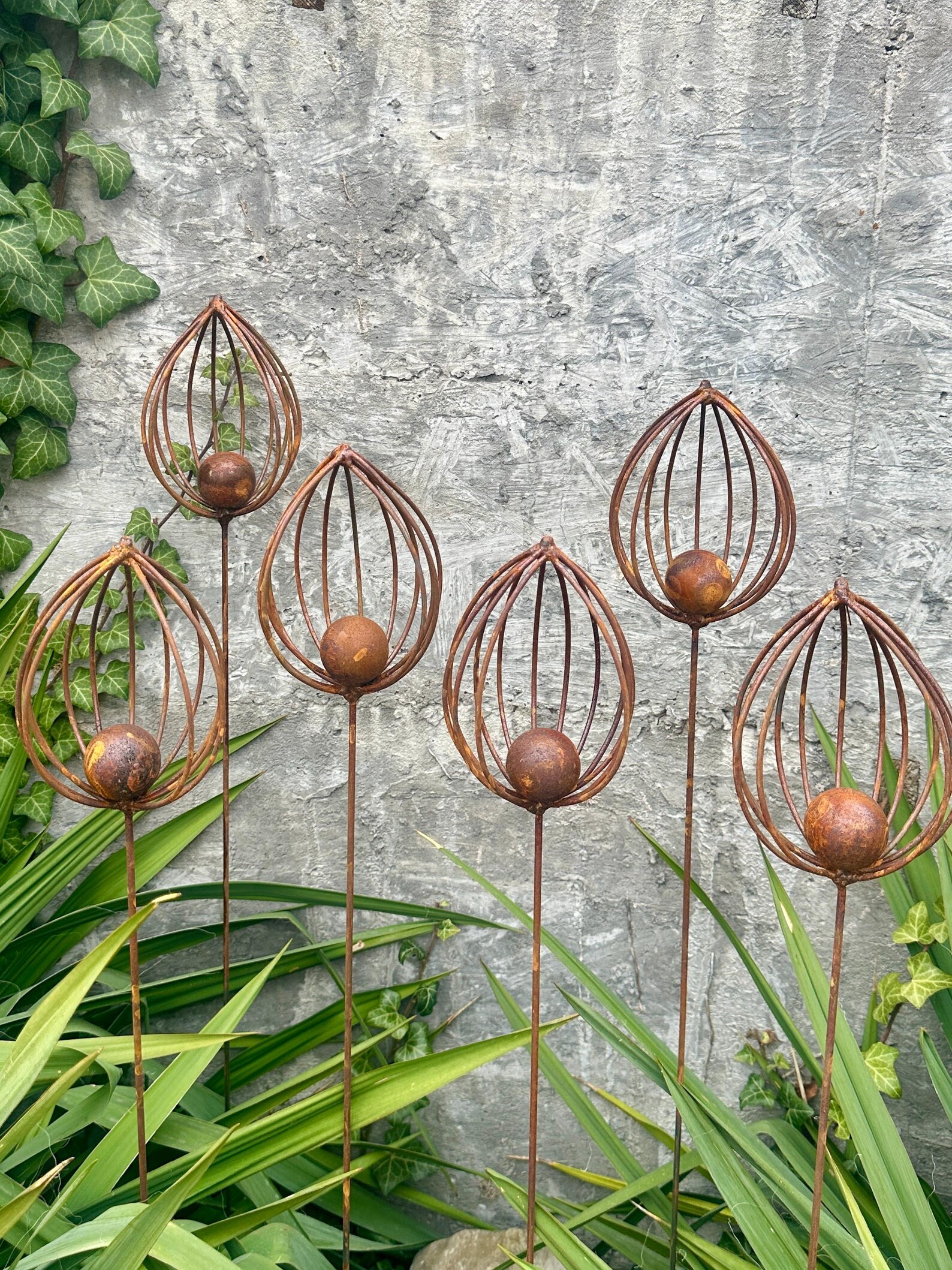 Rusty Finials Set of 6, Rustic Metal Garden Stakes, Outdoor Yard Art ...