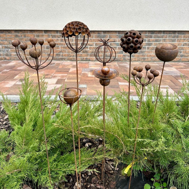 Set of 8 Rustic Metal Flower Sculptures – Handmade Garden Stakes ...