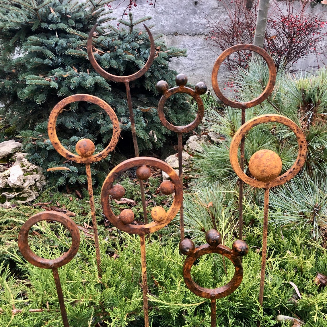 Rusty Finials Set of 8 Garden Stakes Metal Garden Decor | Etsy
