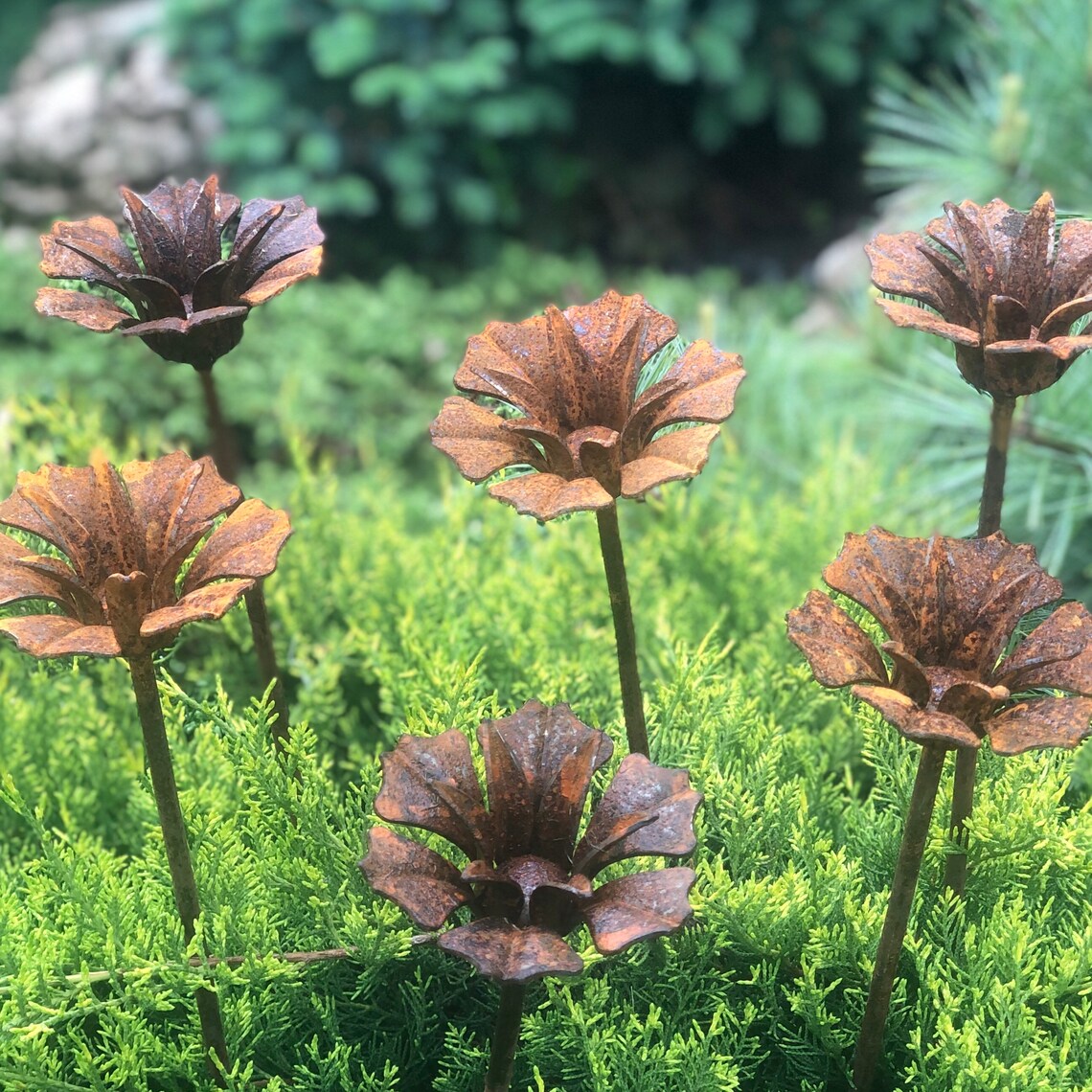 Rusty Flowers Set of 6 Garden Stakes Garden Decor Metal - Etsy
