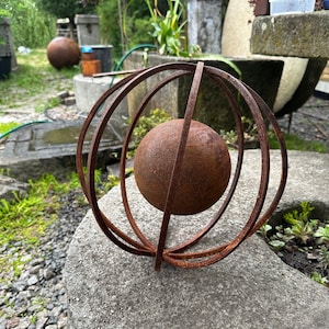 Big 12” Rusty Metal Garden Globe, Minimalist Outdoor Sculpture, Rustic ...