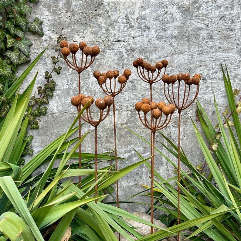 Rustic Metal Flower Garden Stakes - Set of 6 Handmade Rusty Sculptures ...