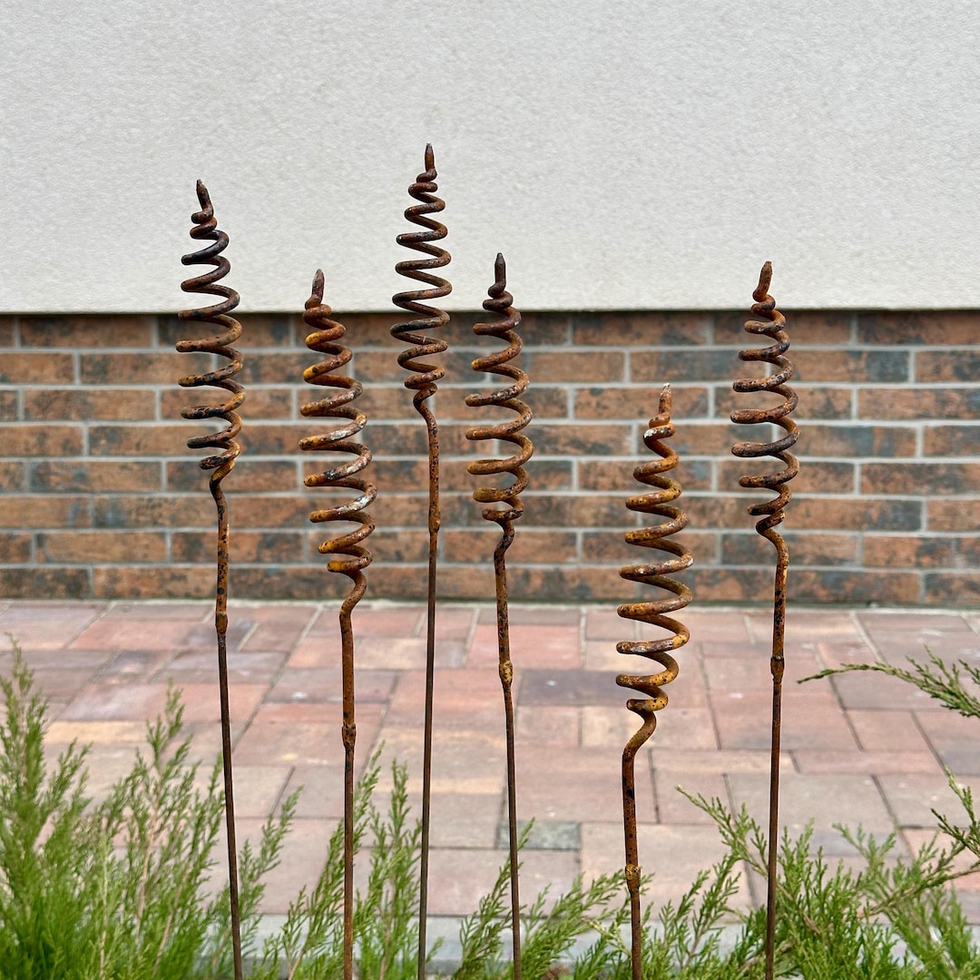 Rusty Finials Set of 6 Stakes, Metal Garden Decor, Yard Art, Outdoor ...