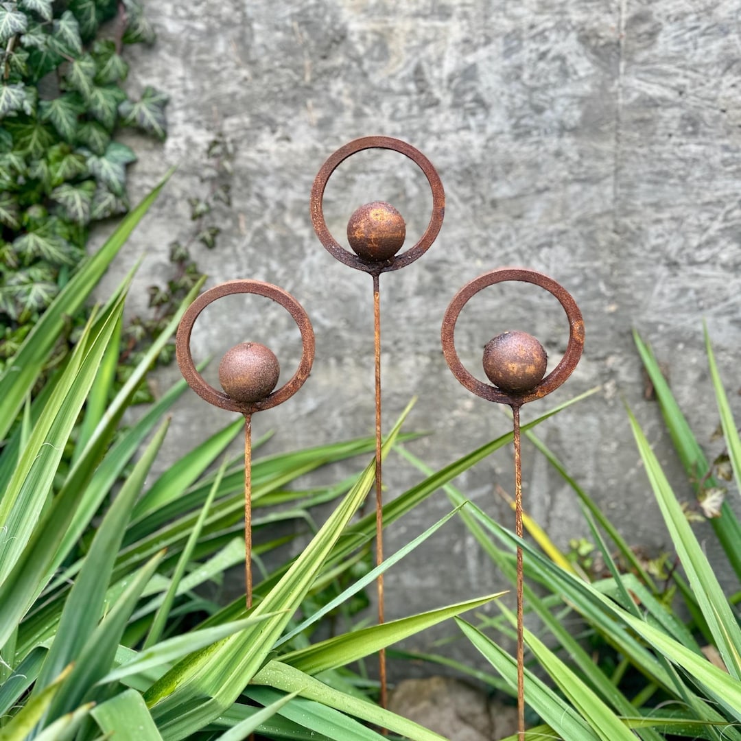 Rusty Finials Set of 3, Garden Stakes Garden Decor, Metal Garden Decor ...