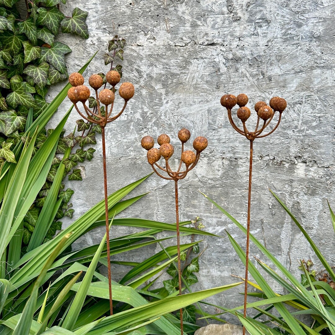 Set of 3 Rustic Metal Garden Finials, Rusty Exotic Flowers, Metal ...