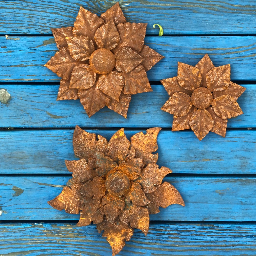 Set of 3 Rusty Flowers Wall Hanging, Rusty Flowers Wall Decor, Rustic ...