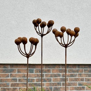 Set of 3 Rustic Metal Garden Finials, Rusty Exotic Flowers, Metal ...