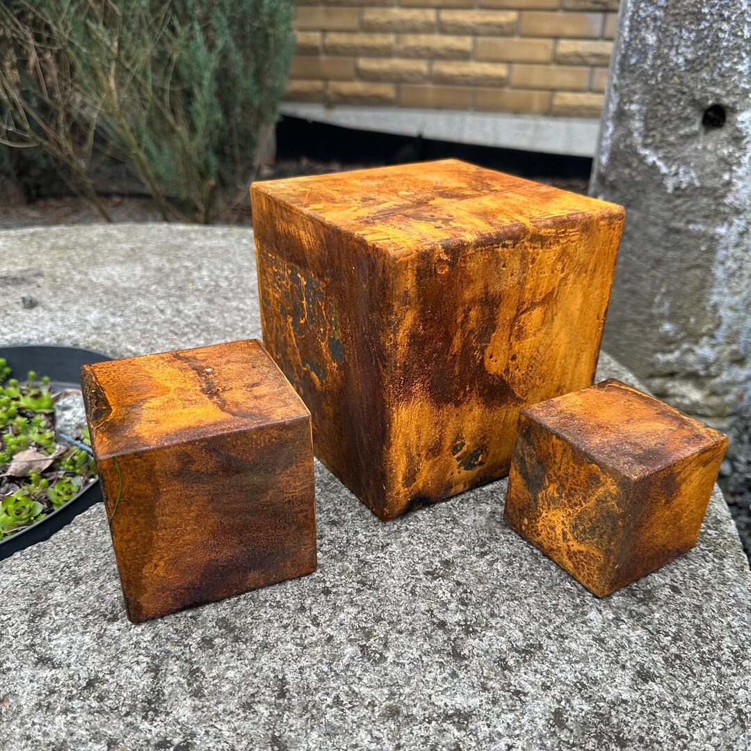 Unique Rusty Metal Cube Sculptures Set - Handmade Rustic Zen Garden ...