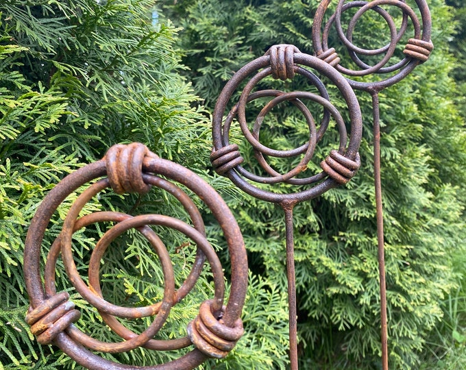 Set of 2 Rustic Metal Garden Finials, Metal Rusty Stakes, Metal Garden ...