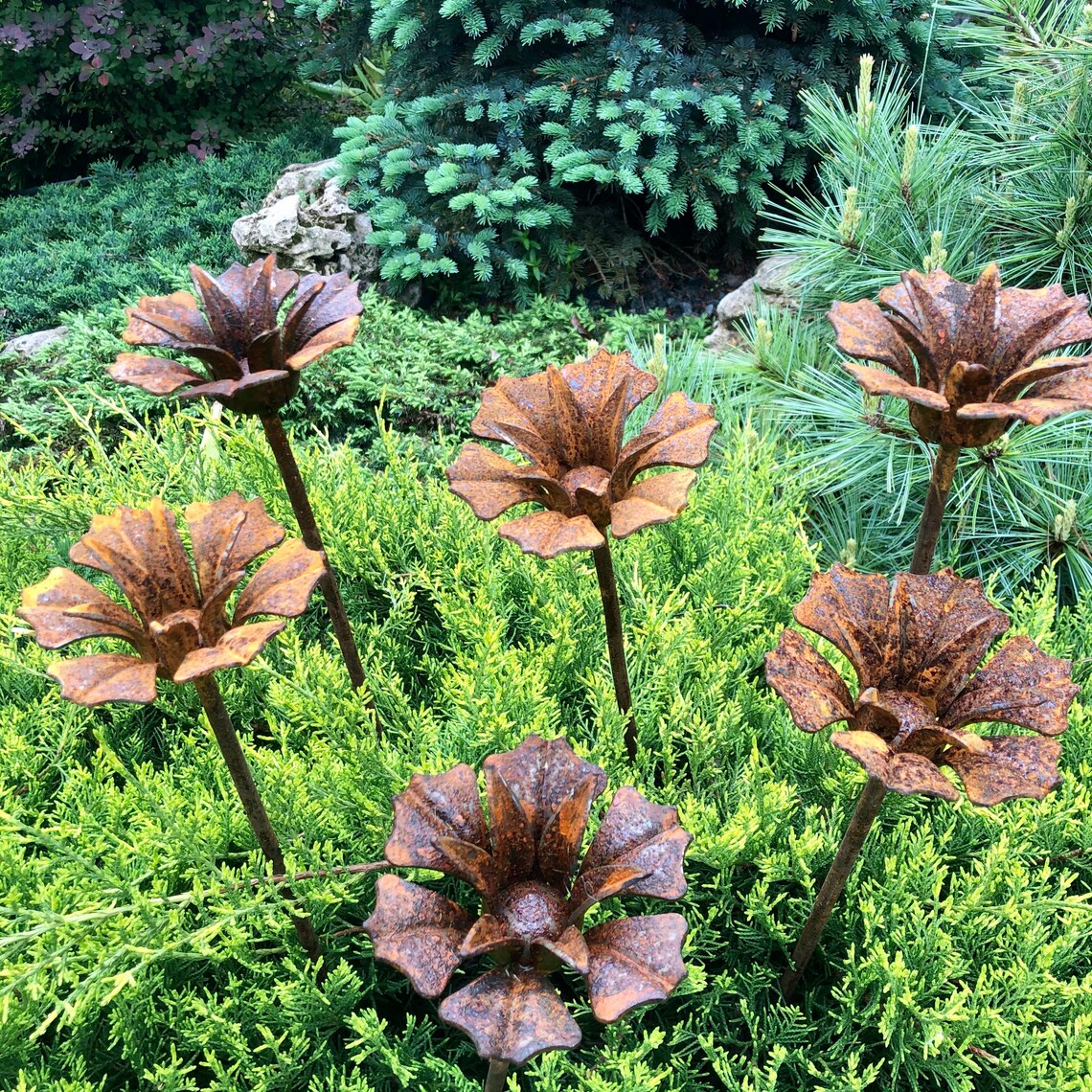 Rusty Flowers Set of 6 Garden Stakes Garden Decor Metal - Etsy