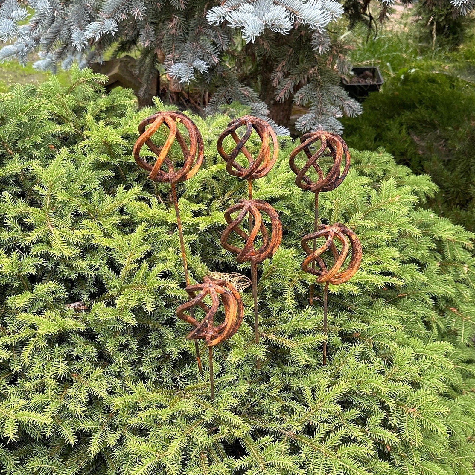 Garden Stakes, Rusty Finials Set of 6, Metal Garden Decor, Metal Yard ...