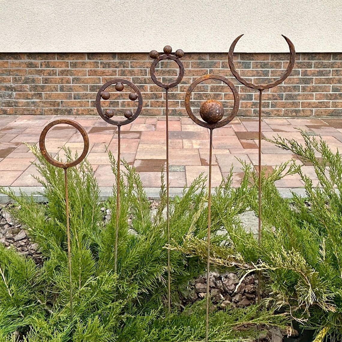Rusty Finials Set of 5, Garden Stakes, Metal Garden Decor, Metal Yard ...