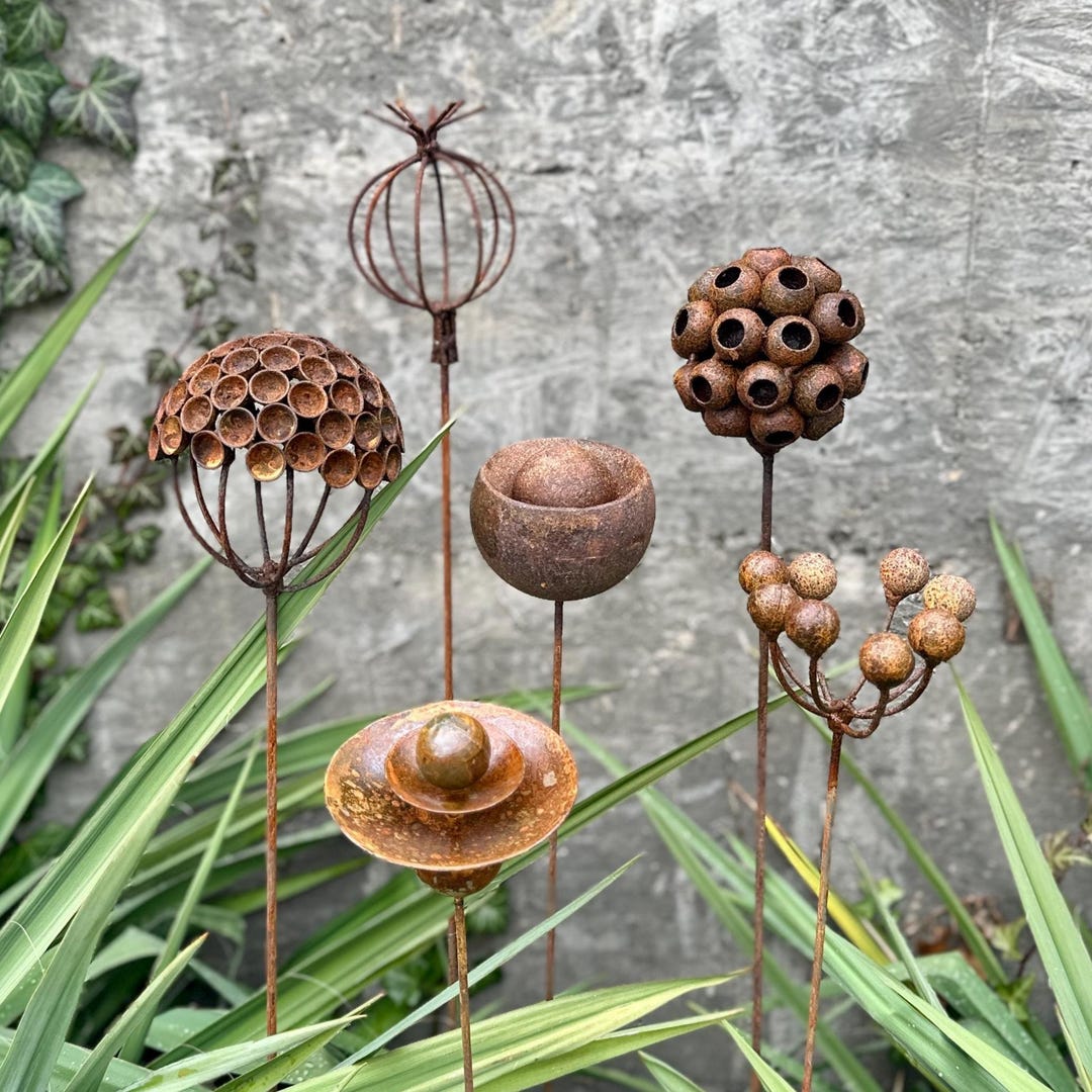 Set of 6 Rustic Metal Exotic Flowers – Handmade Garden Decor, Unique ...