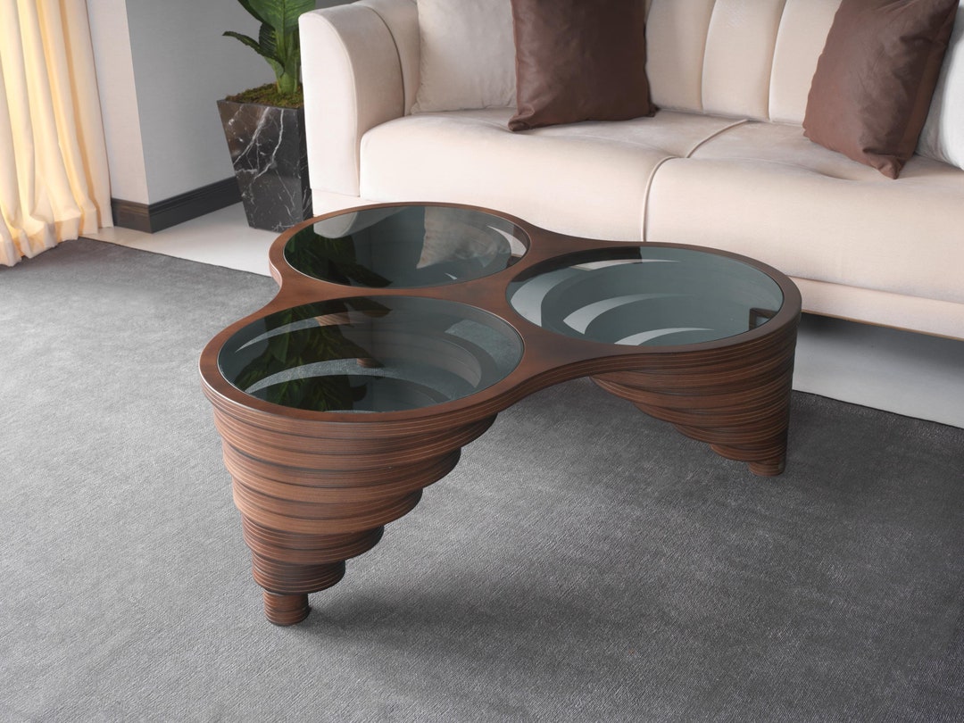 Natural Walnut Coffee Table: Smoked Glass Top, Modern Living Room - Etsy