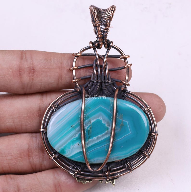 Green Banded Agate Copper Wire Wrapped Pendant Handmade Natural ...