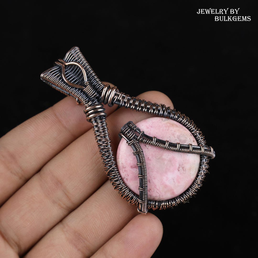 Pink Rhodonite Gemstone, Cabochon Rhodonite Copper Wire Wrapped Pendant ...