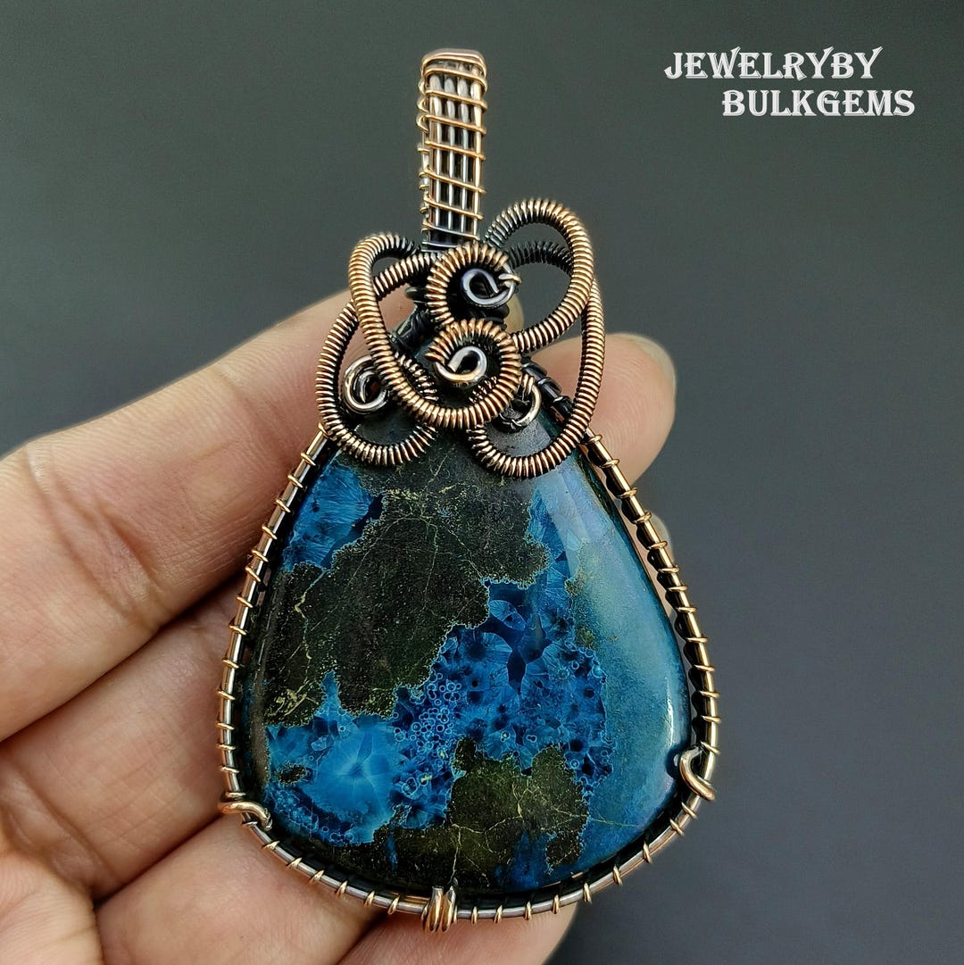 Natural Azurite Pendant, Pure Copper Wire Wrapped Pendant, Worry ...