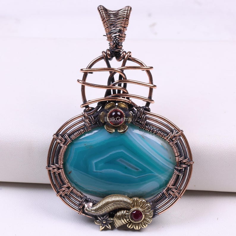 Green Banded Agate Copper Wire Wrapped Pendant Handmade Natural ...