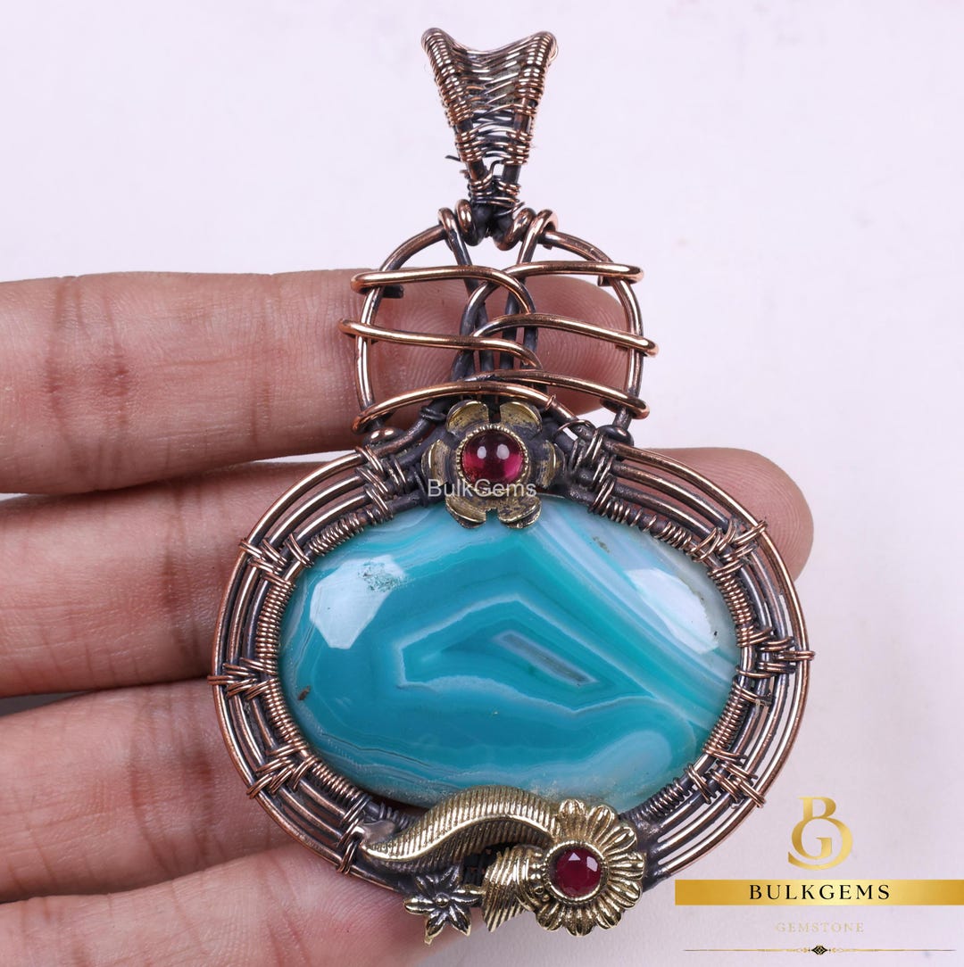 Green Banded Agate Copper Wire Wrapped Pendant Handmade Natural ...