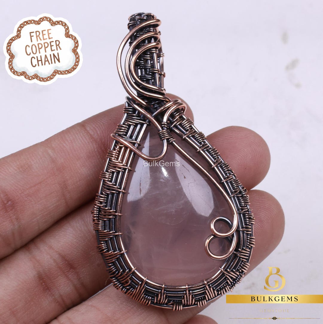 Rose Quartz Copper Wire Wrap Pendant Handmade Natural Gemstone Jewelry ...