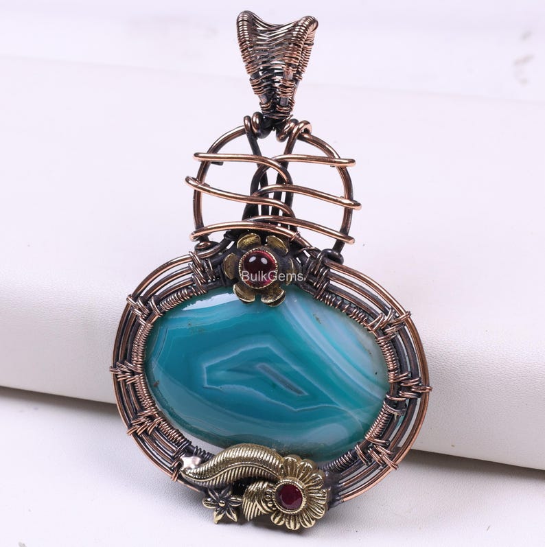 Green Banded Agate Copper Wire Wrapped Pendant Handmade Natural ...