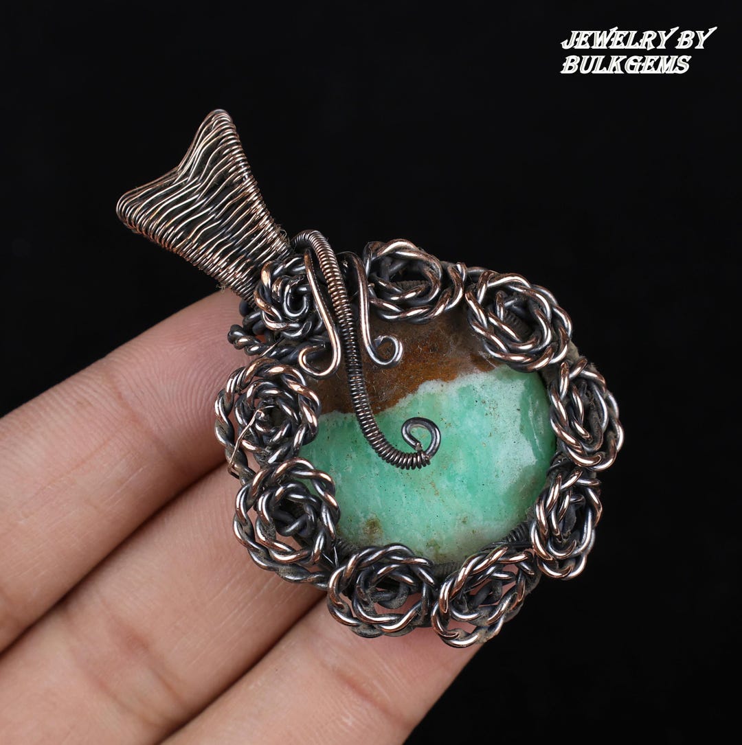 Bio Chrysoprase Pendant, Natural Chrysoprase Pendant, Pure Copper Wire ...
