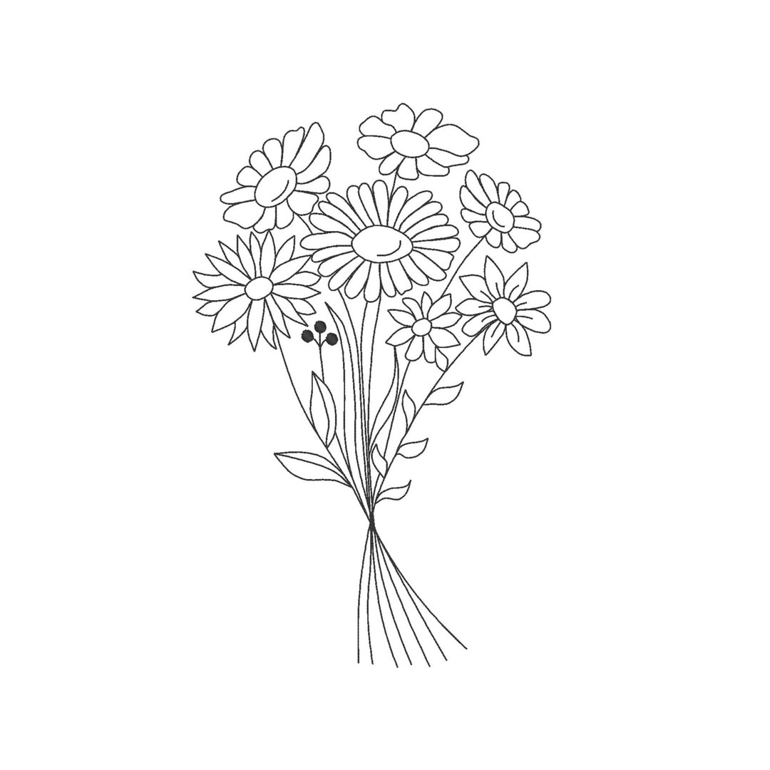 Flower Bouquet Embroidery Design: Floral Line Art Embroidery File ...