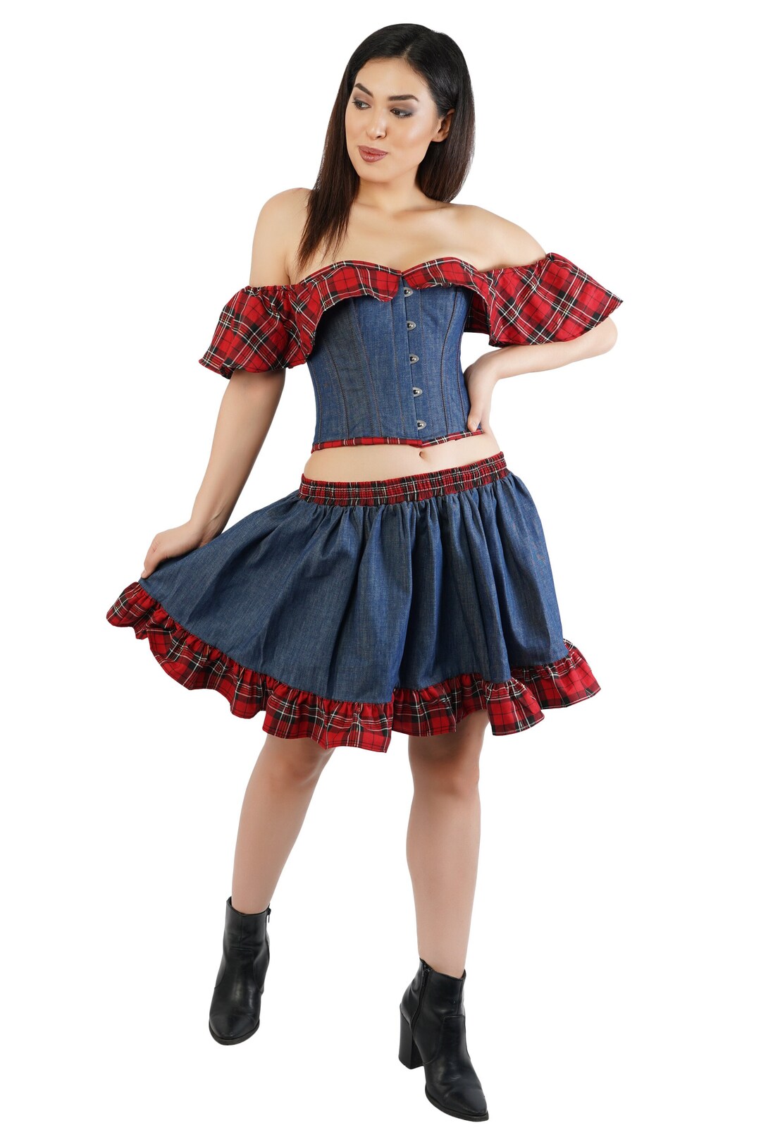Blue Denim Flannel Cotton Bastille Day Costume off Shoulder High ...