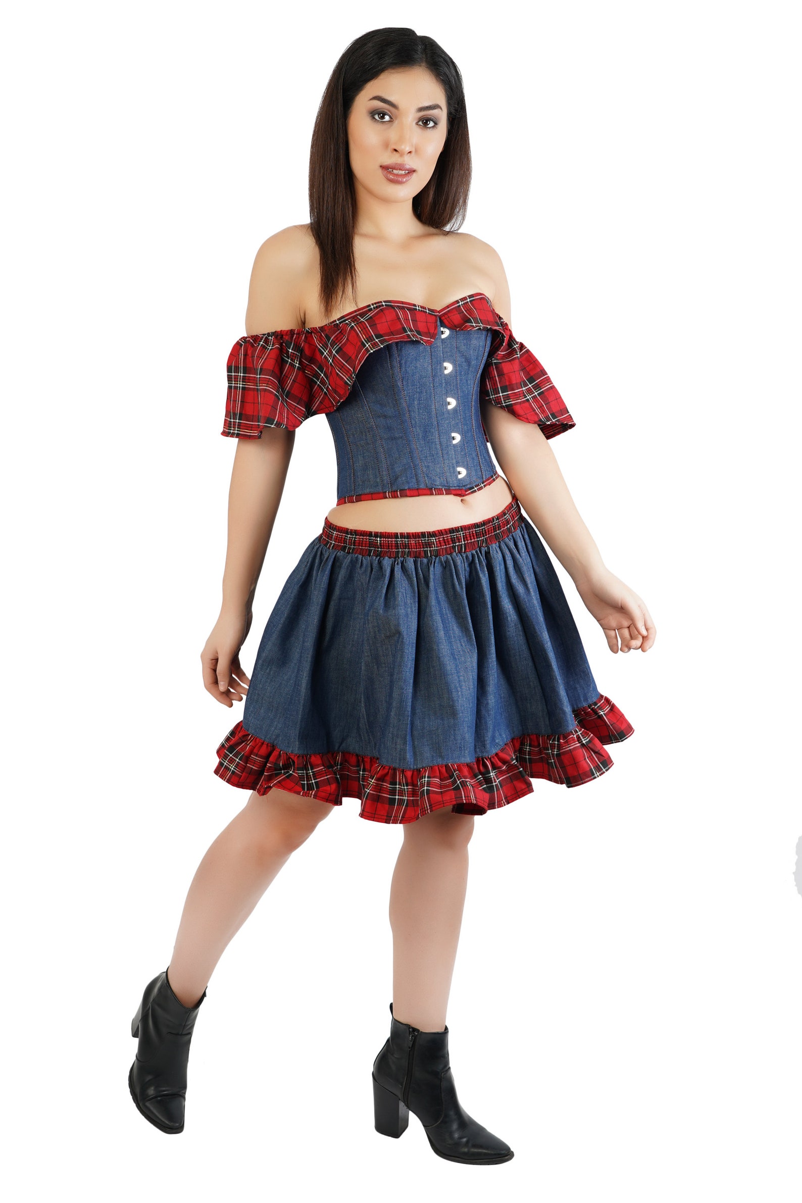 Blue Denim Flannel Cotton Bastille Day Costume off Shoulder High ...