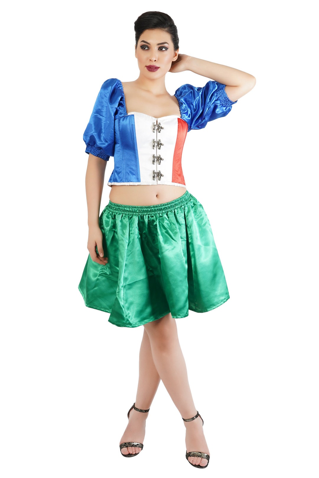 Red Blue White Satin France Flag Corset With Puff Sleeves Gothic ...