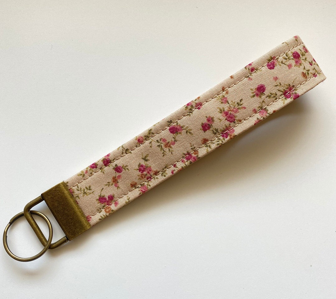 Beige Floral Fabric Keychain Wristlet, Key Fob Wristlet, Floral Key Fob ...