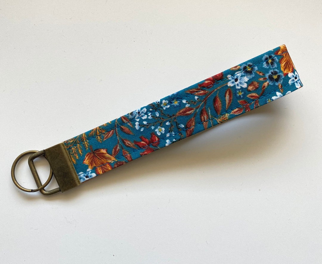 Teal Harvest Floral Fabric Keychain Wristlet, Key Fob Wristlet, Floral ...