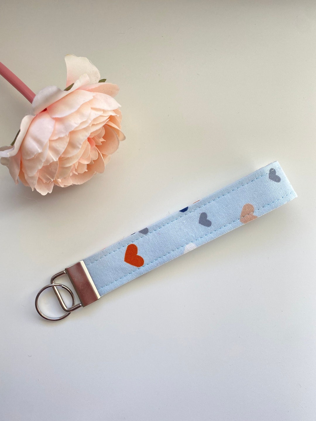 Light Blue Hearts Fabric Keychain Wristlet, Key Fob Wristlet, Girly ...