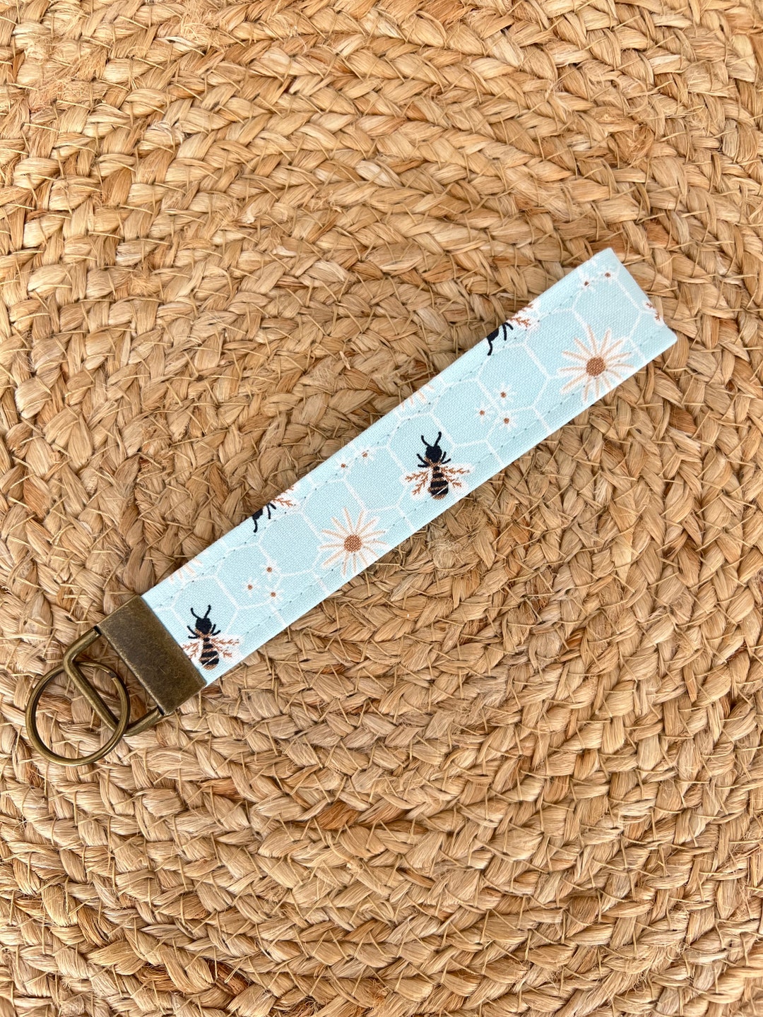 Light Blue Honeycomb Bees Fabric Keychain Wristlet, Key Fob Wristlet ...