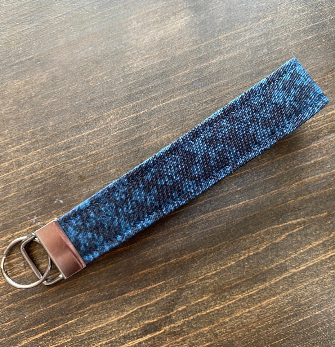 Dark Blue Floral Fabric Keychain Wristlet, Key Fob Wristlet, Floral Key ...